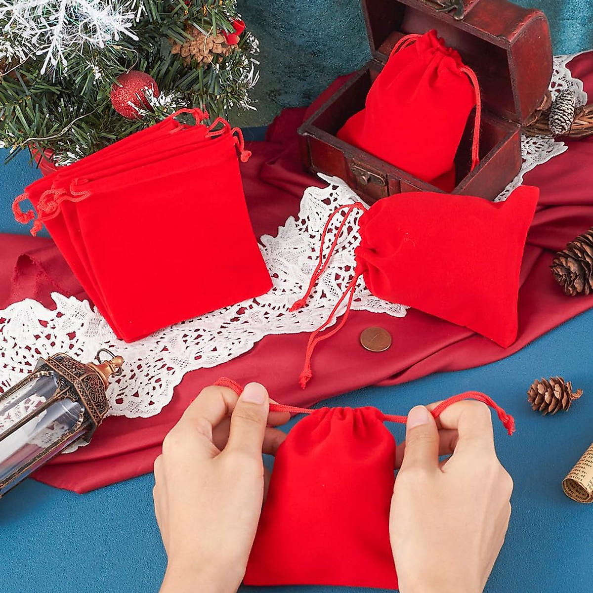 FASHEWELRY 50pcs Small Drawstring Velvet Bag 4.7x4 inch Jewelry Gift Pouches Red Party Wedding Favor for Candy Ring Dice Watch Packing Keepsakes