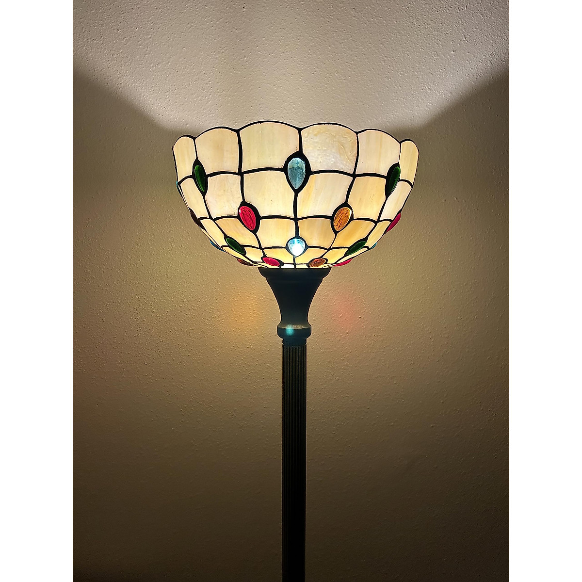 enjoy decor lamps Tiffany Torch Floor Lamp Gold Stained Glass Peacock Tail Crystal Beans LED Bulb Included for Living Room Dining Room Bedroom 12" W*12" D*66" H