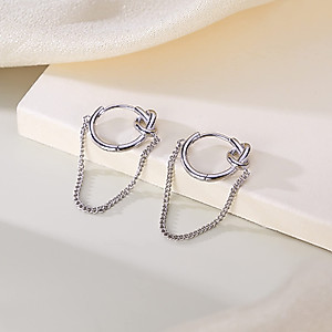 SLUYNZ 925 Sterling Silver Punk Chain Small Hoop Earrings for Women Men Teens Minimalist Hoop Earrings Tassel (A-Silver)