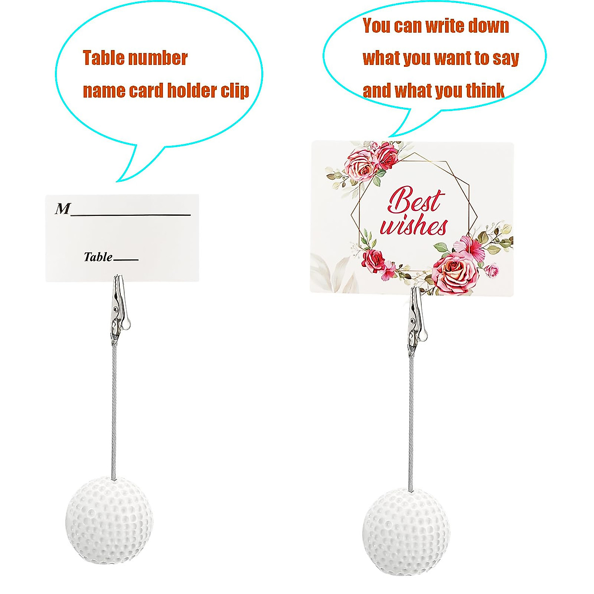 OBPSFY 5 Pack Place Card Holder - Golfball Resin Ball Base Memo Clip Holder Stand,Table Memo Number Name Card Holder with 16 Pcs Cards,Table Number Holders for Wedding Party Graduation Birthday