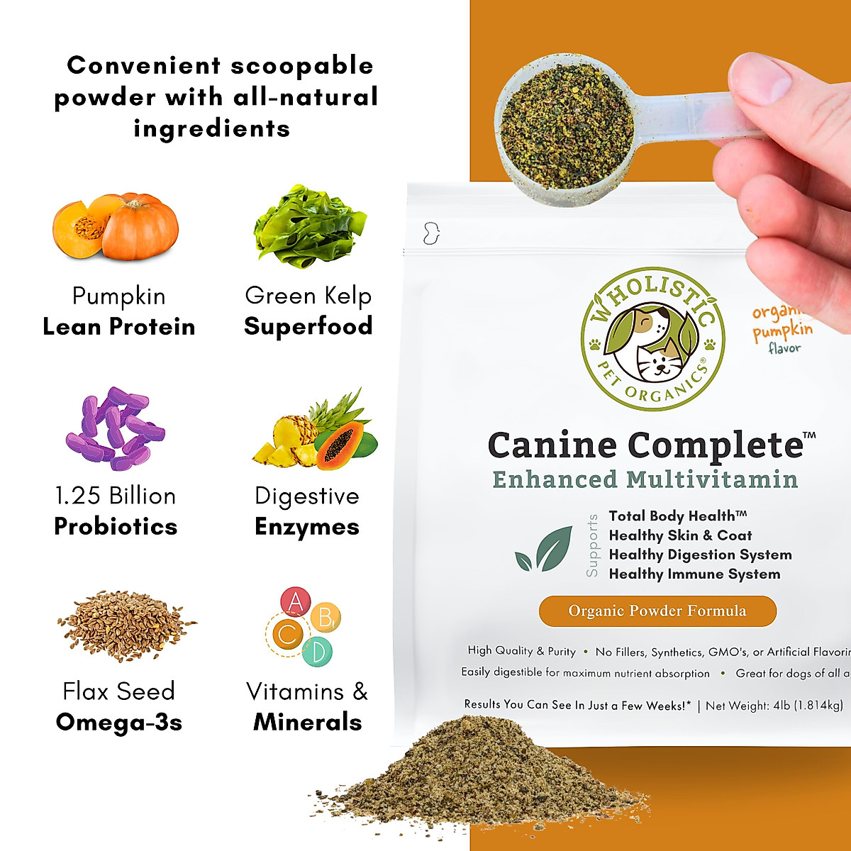 Wholistic Canine Complete with Organic Pumpkin for Dogs - 4 Lb - Dog Vitamins and Supplements with Pumpkin Powder for Digestion, Skin & Coat Health