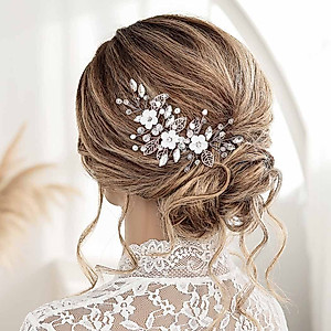 Unicra Silver Flower Bride Wedding Hair Vine Leaf Bridal Hair Piece Rhinestone Hair Accessories Beaded Headpieces Jewelry for Women and Girls (Silver)