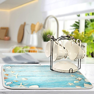 OTVEE Seashells Starfish Dish Drying Mat for Kitchen Counter Super Absorbent Dish Mat Drying Kitchen Mat 16X18 inch Dish Drying Matt for Kitchen Dish Drying Mat
