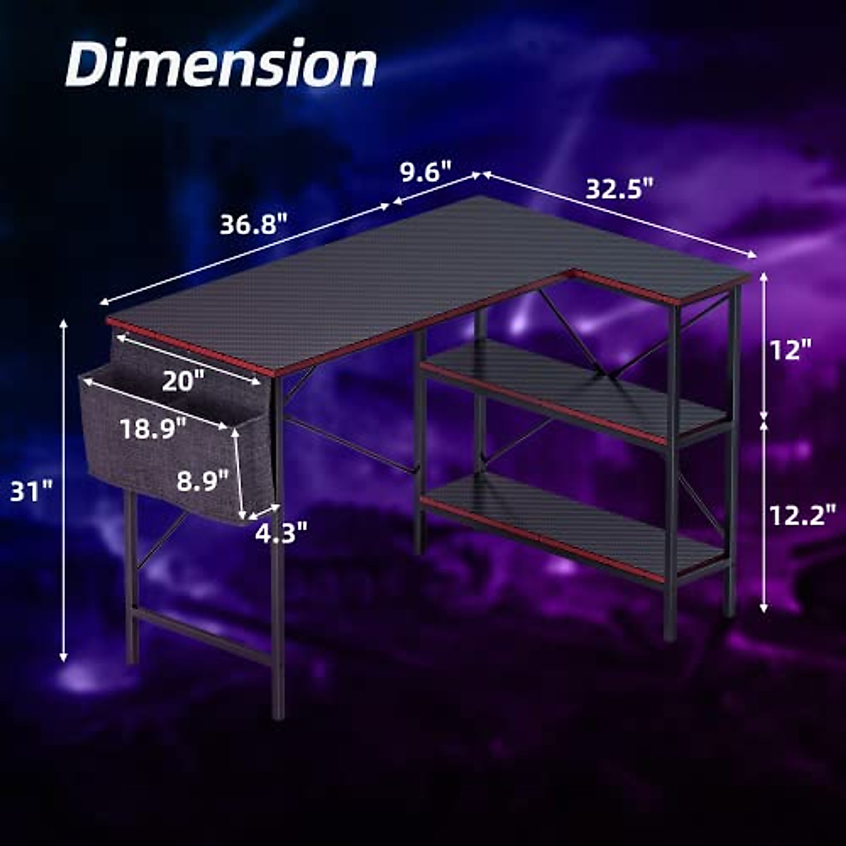 Homall L Shaped Gaming Desk, 47" Computer Desk with Carbon Fiber Surface, Home Office Writing Workstation with Space-Saving Corner, Easy to Assemble, Black