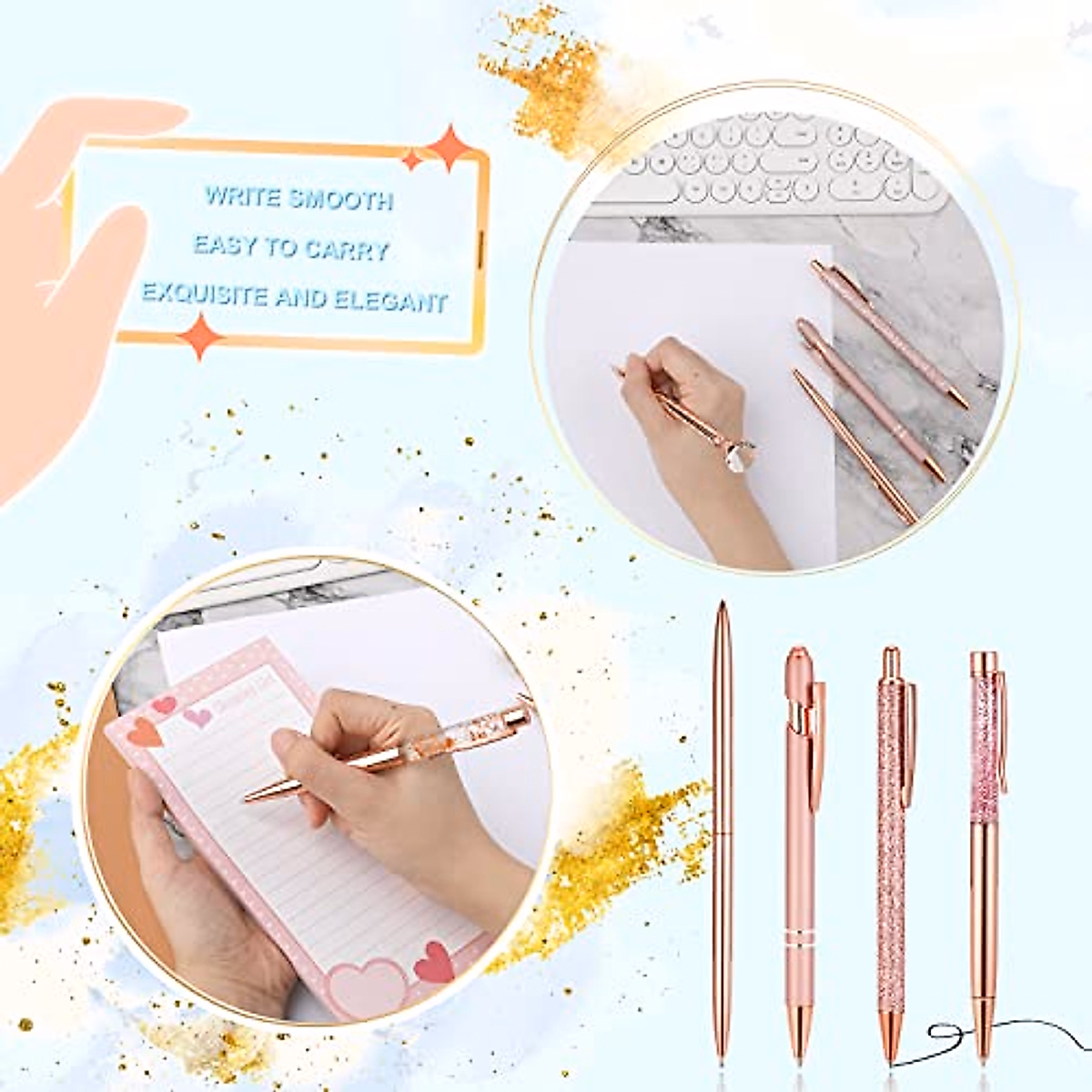 TOYMIS 8pcs Rose Gold Ballpoint Pen, Crystal Metal Rose Gold Pens Black Ink Fine Point Tip Diamond Pens Rose Gold Glitter Ballpoint Pens for Wedding Home School Office Supplies