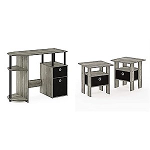 Furinno Jaya Simplistic Computer Study Desk, 15.6" D x 38.4" W x 28.5" H, French Oak Grey/Black & Andrey Set of 2 End Table/Side Table/Night Stand/Bedside Table with Bin Drawer, French Oak Grey