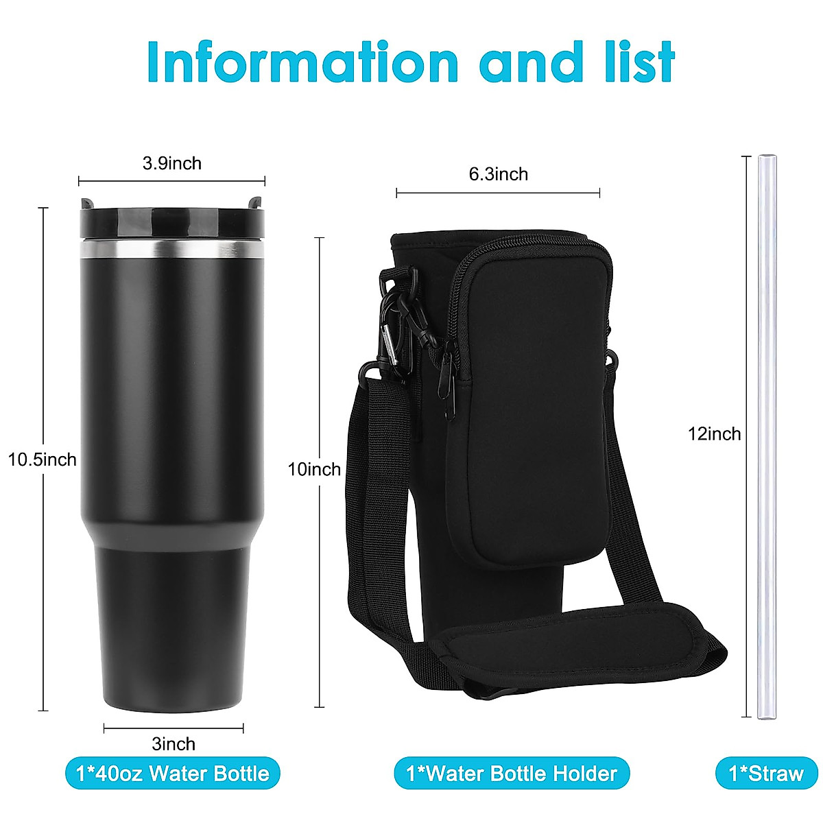 E-Senior 40 oz Tumbler with Handle and Carrier Bag, Stainless Steel Cup Reusable Insulated Coffee Mug,Keep Hot/Cold,Travel Water Bottle with holder For Travel Home, Office (Black)