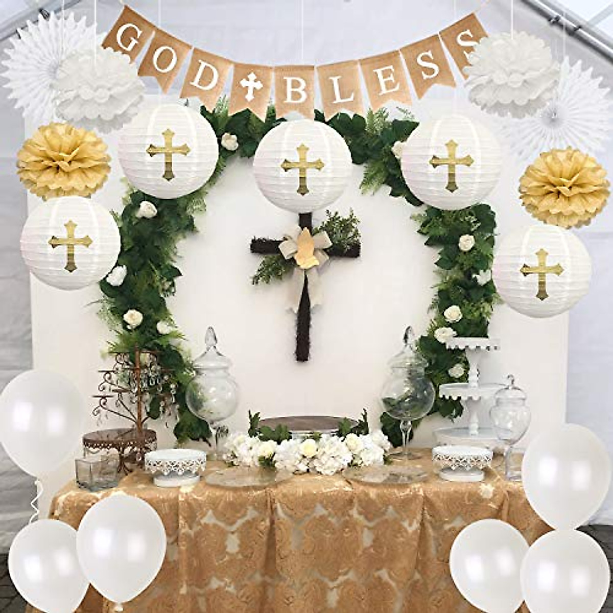 CHRORINE First Communion Banner Kit, Baptism Decorations for Boys Girls, First Communion Confirmation Decorations,God Bless Banner and White Decorations - White Set