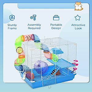 PawHut 2-Level Hamster Cage Rodent Gerbil House Mouse Mice Rat Habitat Metal Wire with Exercise Wheel, Play Tubes, Water Bottle, Food Dishes, & Interior Ladder