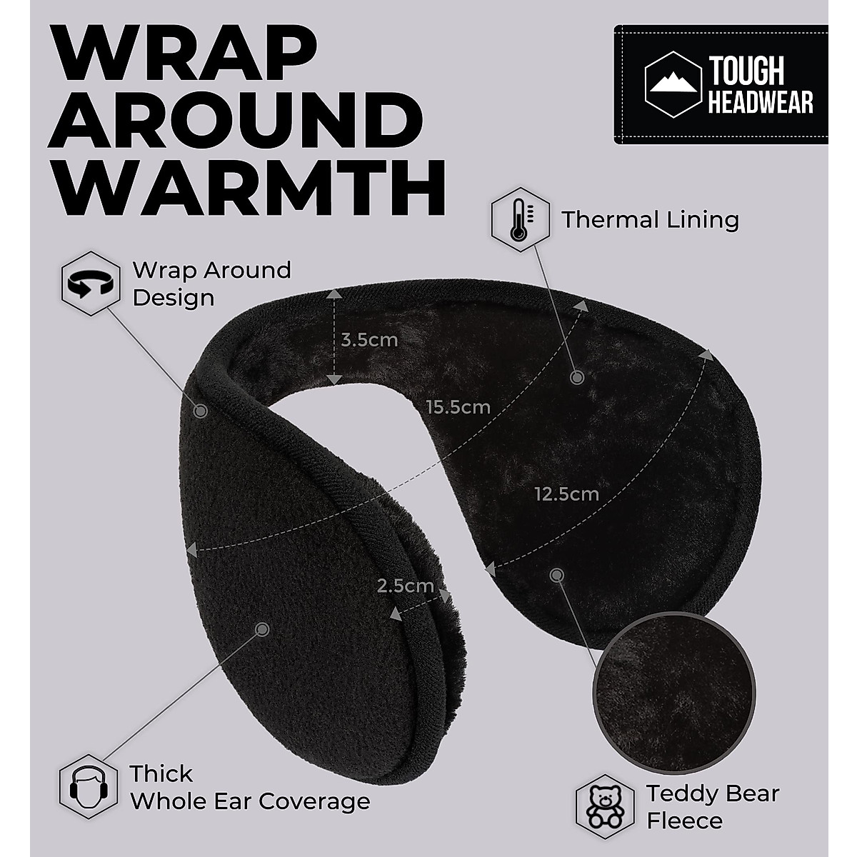 Tough Headwear Ear Muffs - Earmuffs for Men & Women - Fleece Ear Warmers & Behind the Head Ear Muffs