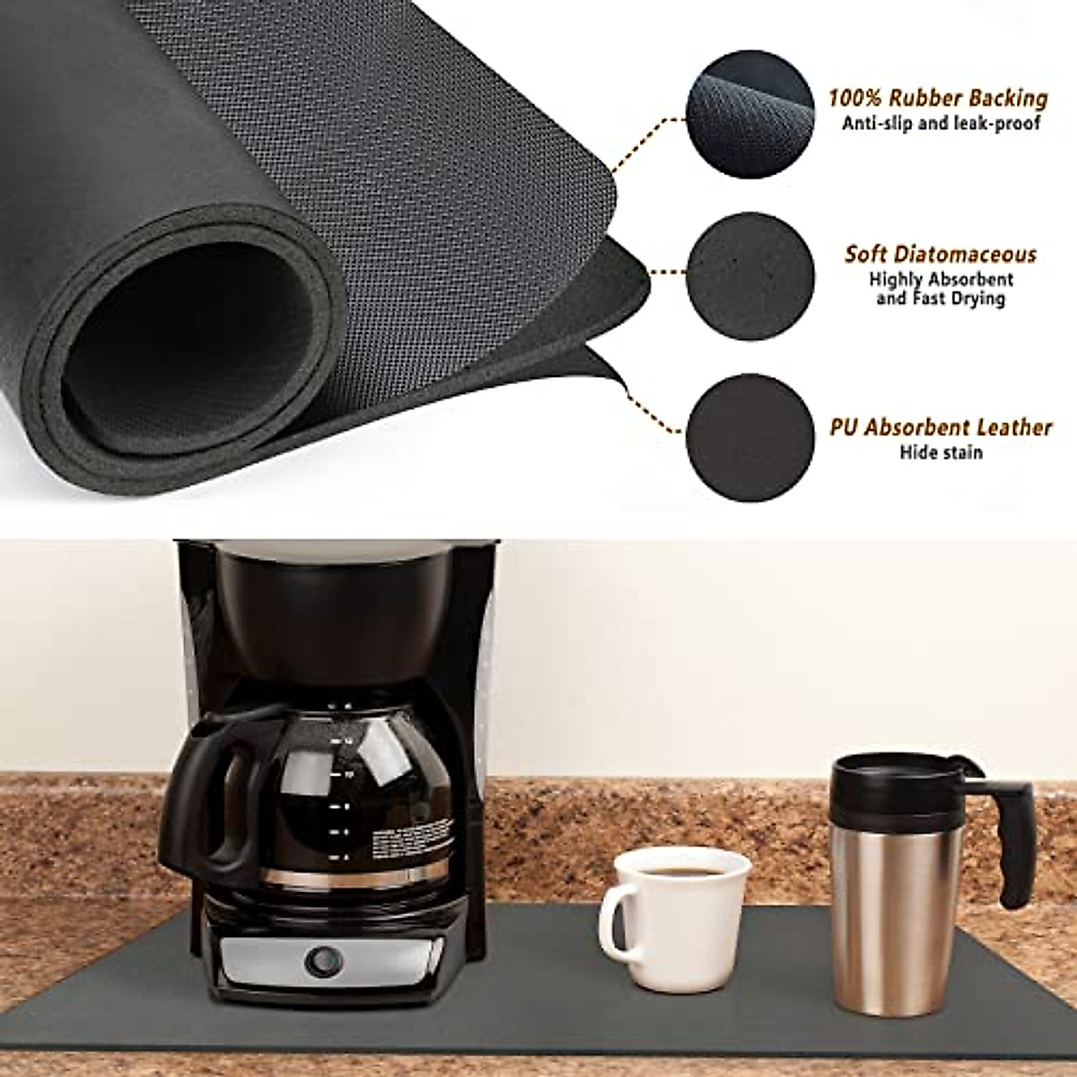 16" X 24" Coffee Mat for Countertops : Super Absorbent Versatile Coffee Bar Accessories for Coffee Makers, Espresso Machines, and Dish Drying, Black