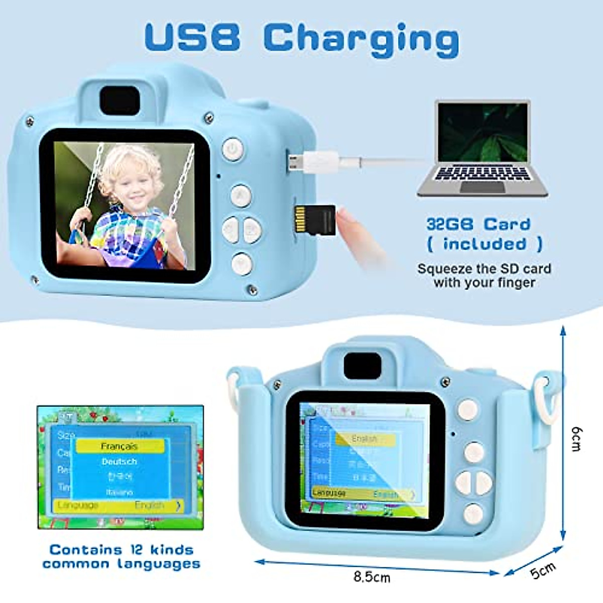 Ainiv Kids Selfie Camera with Unicorn Silicone Cover, Digital Camera with Photo Stickers and Puzzle Games, Boys and Girls Gifts, with 32GB SD Card, IPS Screen 1080P Video Camcorder - Blue