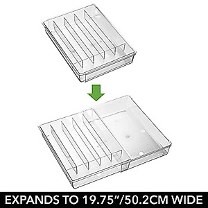 mDesign Adjustable, Expandable Plastic In-Drawer Utensil Organizer Tray Deep 6 Section Divided for Kitchen Organization; Holds Cutlery, Flatware, Silverware, Cooking Utensils, Ligne Collection, Clear