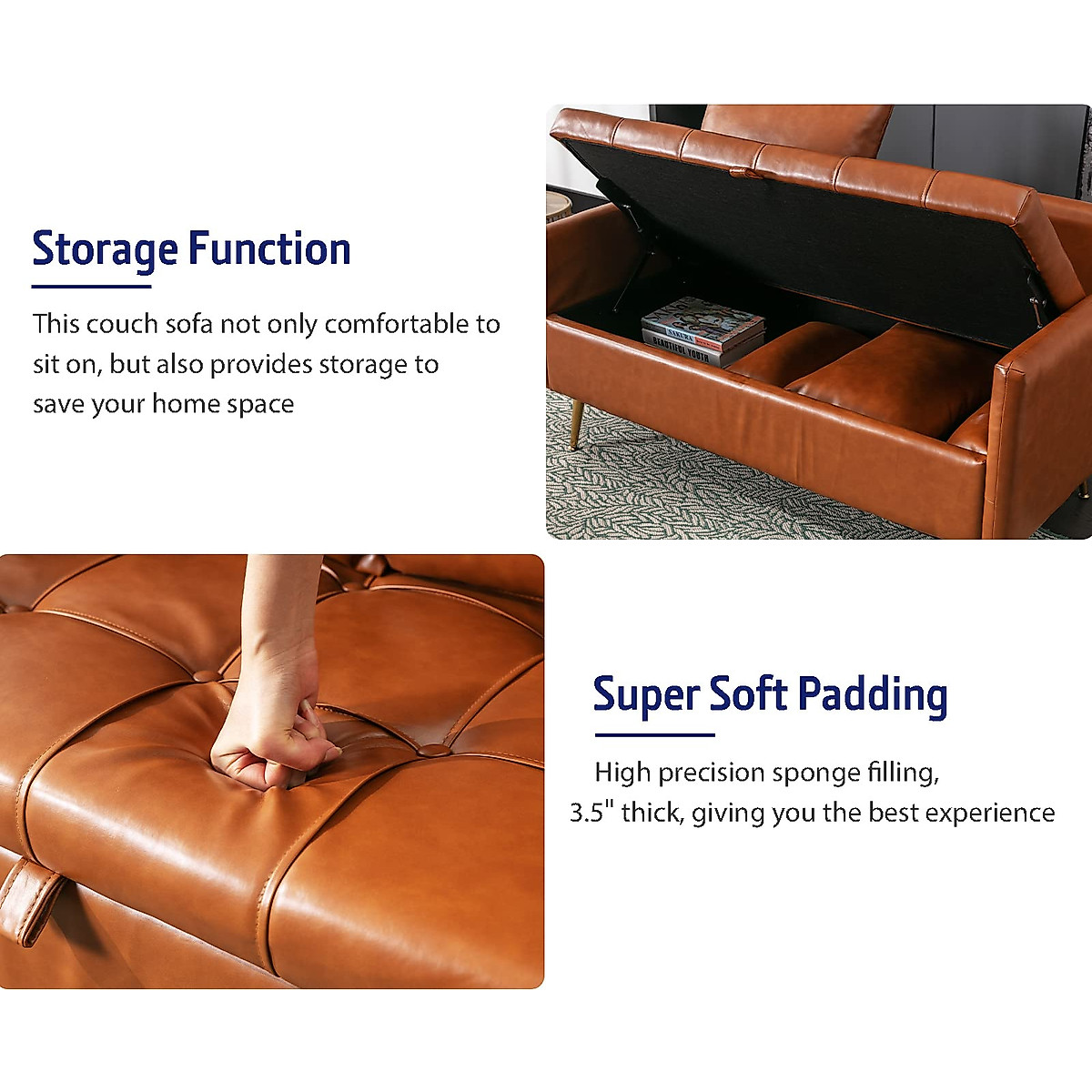 Kmax PU Leather Loveseat Sofa Chair Storage 52” Upholstered Couch Sofa with 4 Pillows Golden Legs for Living Room Small Space, Apartment, Bedroom, Dorm- Brown