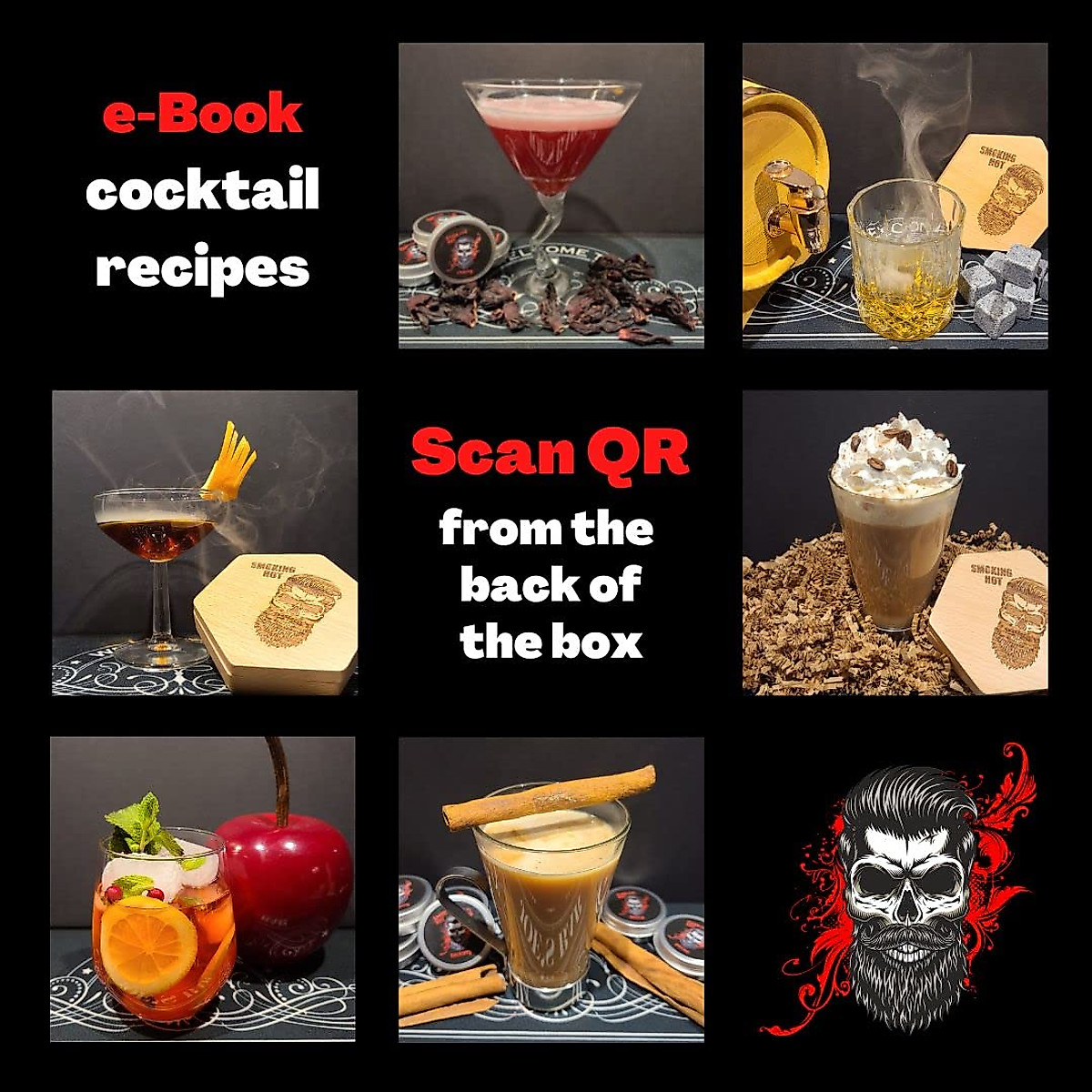 Bourbon-Old Fashioned Smoker with torch, 6 wood chips flavors, skull ice mold, e-book with 10 recipes, tea spoon and brush, in stylish box ready to gift. (Cocktail smoker kit - No butane)