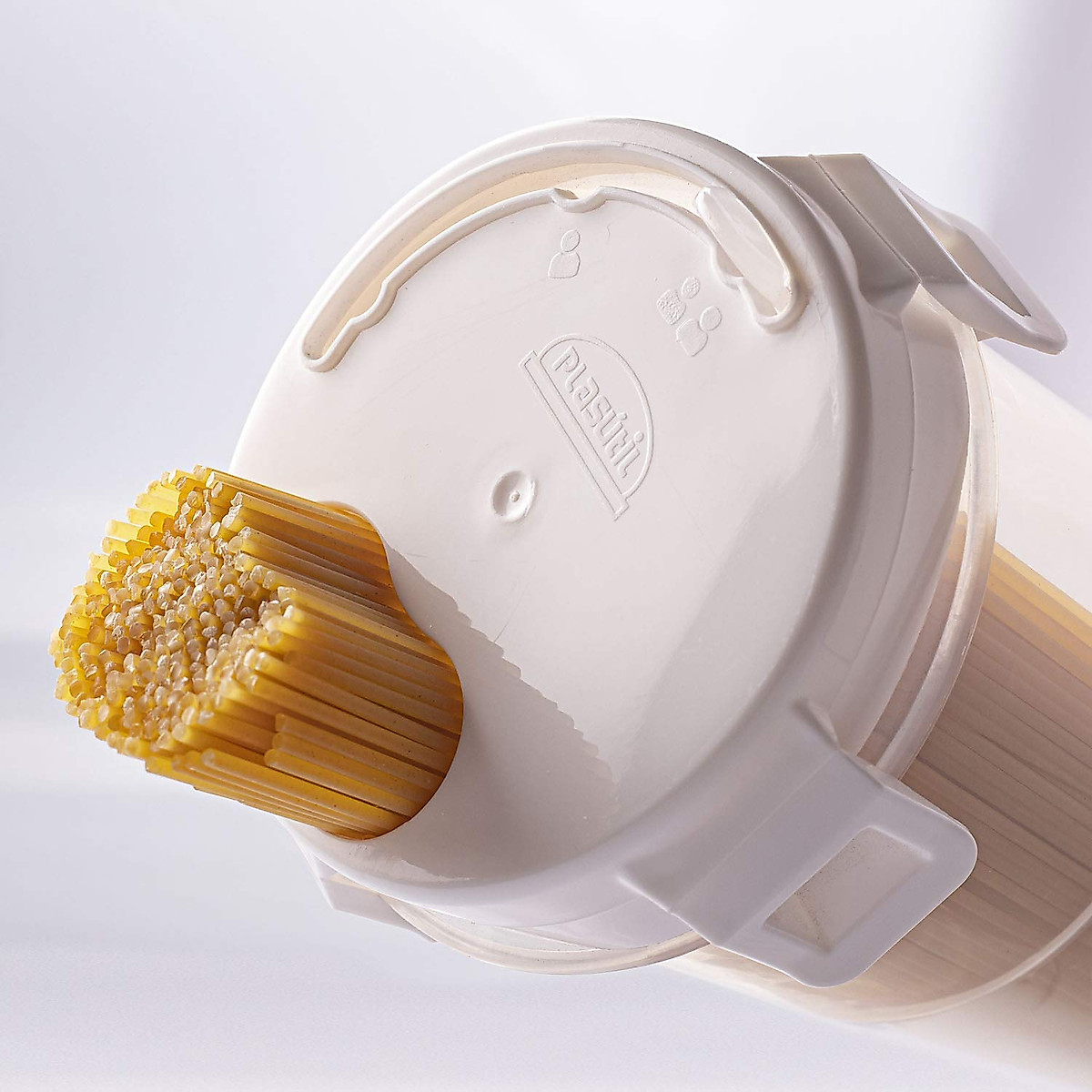 Plasutil Set of 2 Airtight Spaghetti Pasta Container, Cylinder Shaped Noodle Container + 2 Kitchen Supply Spaghetti Server for Kitchen Pantry Organization and Storage