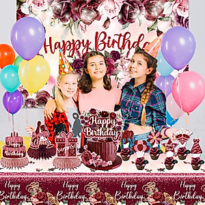 Cocomigo 134pcs Burgundy Birthday Decorations, Women Birthday Decorations Floral Birthday Balloons Arch Backdrop Tablecloth Honeycomb Centerpiece Cake Topper Burgundy Flower Birthday Decoration