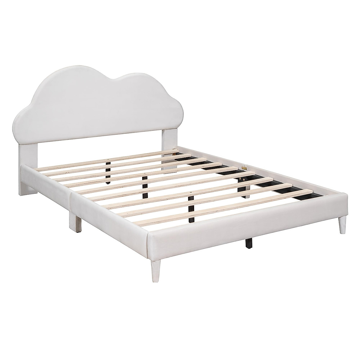 SOFTSEA Kids Upholstered Full Bed, Cute Platform Bed with Cloud-Shape Headboard, Velvet Upholstered Princess Bed for Girls Boys, No Box Spring Needed (Beige)