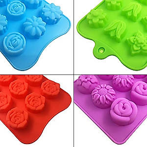 4 PACK Flower Shape Chocolate Candy Molds Set,DanziX Silicone 15 Cavity Baking Mold Ice Cube Tray for Wedding,Festival,Parties and DIY Crafts-Green,Blue,Red and Purple