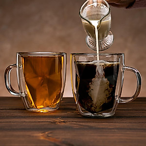 Double Wall Glass Coffee Mugs 16 oz - Large Clear Set of 2 - Patent Pending Geometric Modern Novelty Design - Insulated & Double Walled Glass Coffee Mugs. Ideal for Latte & Cappuccino