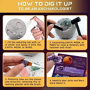 Gemstone Dig Kit, PIBEX 3-IN-1 Solar System Excavating Set, Dig up 15 Genuine Rocks & Minerals, Planets Explore Experiment STEM Project Toy Gift for Boy & Girl, Stone Mining Science Kit for Kid 6-8-12