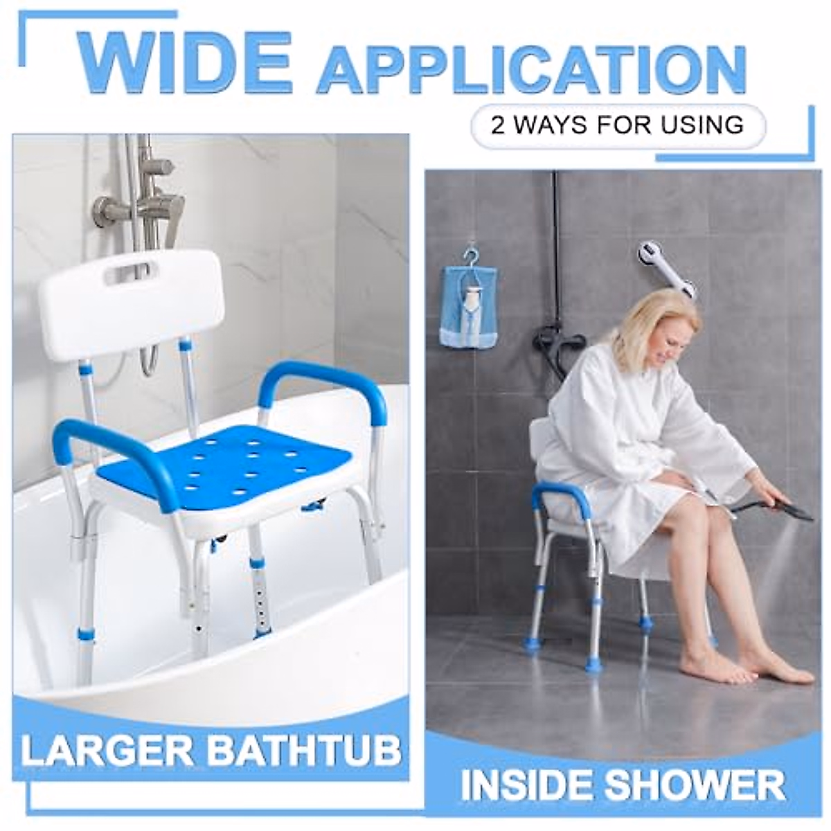 HSA/FSA Eligible Shower Chair with Arms and Back, Padded Shower Seat for Inside Shower with Grab Bar/Toiletry Bag, Tool-Free Shower Seat for Bathtub, Shower Bath Chair for Elderly/Disabled by SOUHEILO