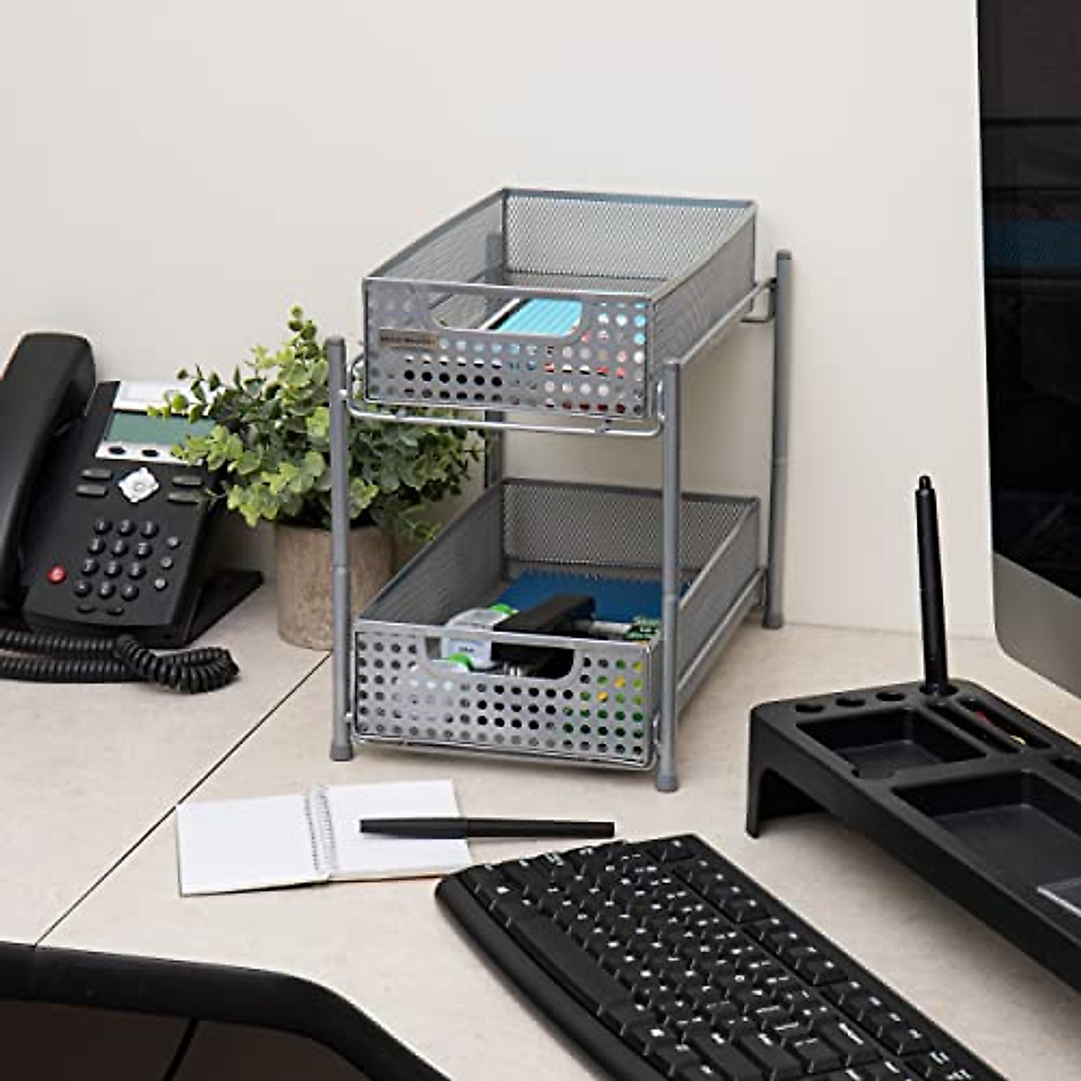 Mind Reader Cabinet, Mesh Storage Baskets Organizer, Home, Office, Kitchen, Bathroom, One Size, Silver 2 Tier Heavy Duty