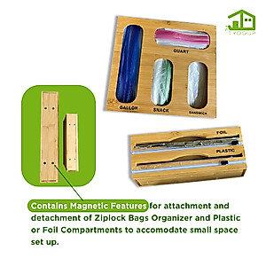 TYDDUP - 6 in 1 Ziplock Bag Organizer with Alum. Foil/Plastic Wrap Dispenser with Cutter & Labels for Kitchen Drawer |Bamboo Kitchen Organization |Compatible Gallons,Quarts,Snack,and Sandwich Bags.