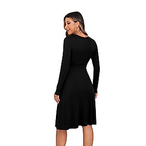 GRECERELLE Long Sleeve Dress for Women, Casual Fall Dress, Black Dresses, Wrap V-Neck Party Dress(Large, Black + Pockets)