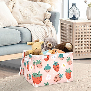 Kigai Storage Basket Cute Strawberry Storage Boxes with Lids and Handle, Large Storage Cube Bin Collapsible for Shelves Closet Bedroom Living Room, 16.5x12.6x11.8 In