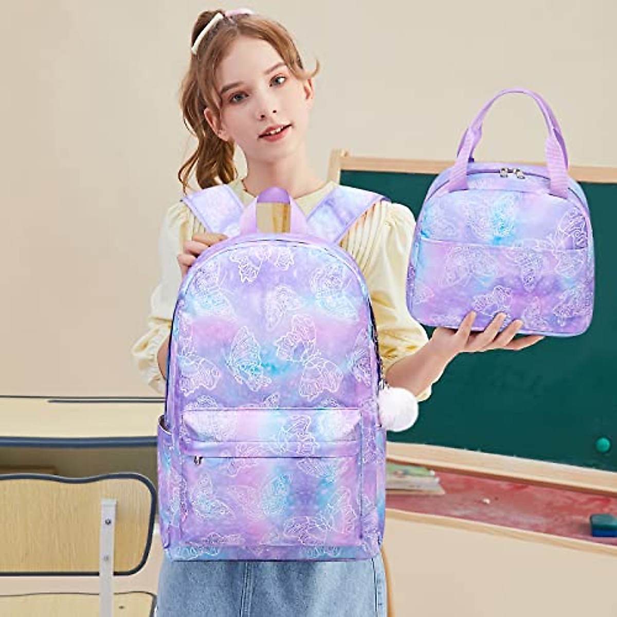 CAMTOP School Backpack for Girls Teens Bookbag Set Kids Backpack 3 In 1,School Bags with Lunch Box Pencil Case for Age 6-14 (Butterfly-Luminous)