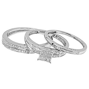 Dazzlingrock Collection 0.20 Carat (Cttw) Round Diamond Men's & Women's Engagement Ring Trio Ring Set 1/5 CT, Sterling Silver