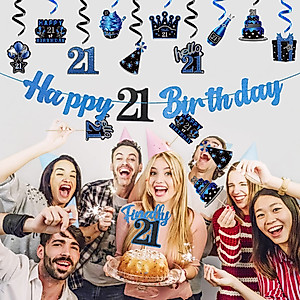 WATINC 42pcs 21st Blue Birthday Banner Party Decorations, Hello 21 Glitter Hanging Garlands Swirls Signs for 21 Years Old Party Favor, Blue Black Sliver Cake Topper Centerpieces Home Table Decor