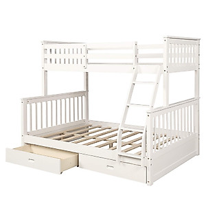 DS-HOMEPORT Twin Over Full Bunk Bed with Two Storage Drawers, Wooden Bunk Beds Frame w/Safety Guardrail ＆ Ladder, Soild Wood Space-Saving Bunkbed for Bedroom Kids Teens Adults(White)