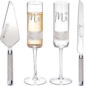 VARLKA Wedding Cake Knife and Server Set, 8oz Crystal Mr and Mrs Champagne Flutes, Wedding Glasses for Bride and Groom, Cake Cutting Set for Wedding, Engagement Gifts