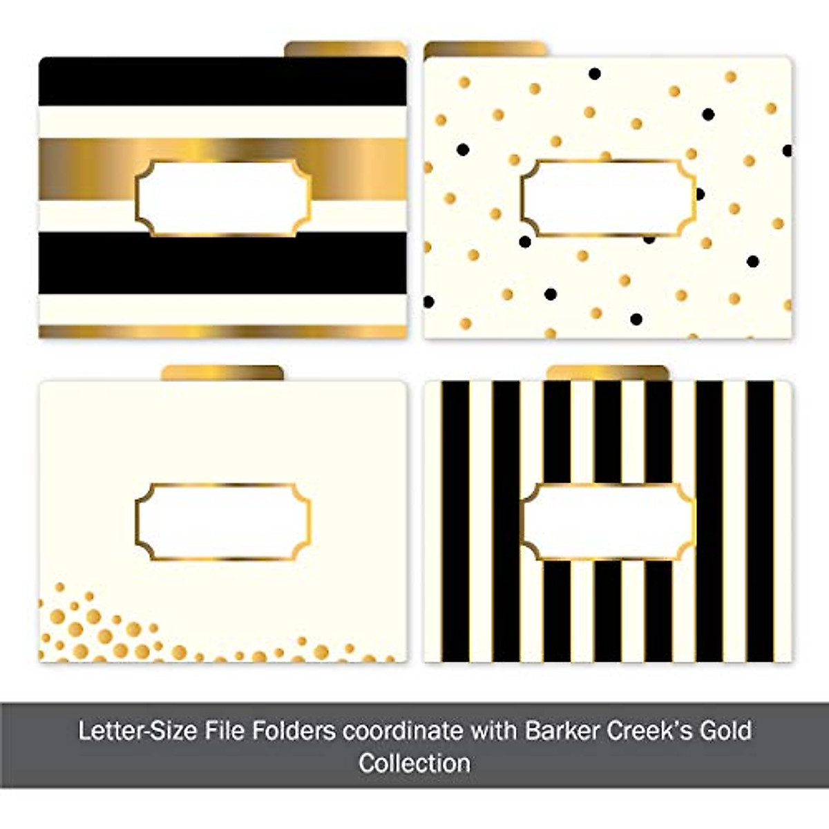 BARKER CREEK Designer File Folders Set of 12, Gold, Multi-Design Set with Gold Designs on Outside, Gold Tabs and Cream on Inside, Letter-Size File Folders, 1/3 Cut Tabs, Pack of 12 (1337)