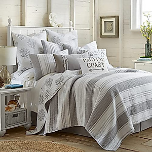 Levtex Home - Nantucket King Quit Set - Striped Coastal - Grey & White - Quilt Set Size 106x92in. and Two Shams 20x36in. - Reversible - Cotton Fabric
