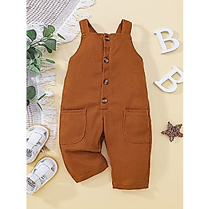 Infant Toddler Baby Girl Boy Overalls Striped Solid Waffle Bottom Pants Button Up Bodysuit Romper with Pockets (Brown , 3-4 Years )
