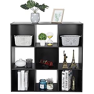 ZenStyle 9 Cube Storage Shelf Organizer, Wooden Bookshelf System Display Cube Shelves Compartments, Customizable W/ 5 Removable Back Panels (Black)