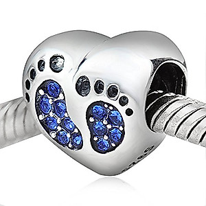 SOUKISS Footprint Heart Charm 925 Sterling Silver Christmas Family Love Bead Baby First Steps Charm for Bracelet (Sapphire)