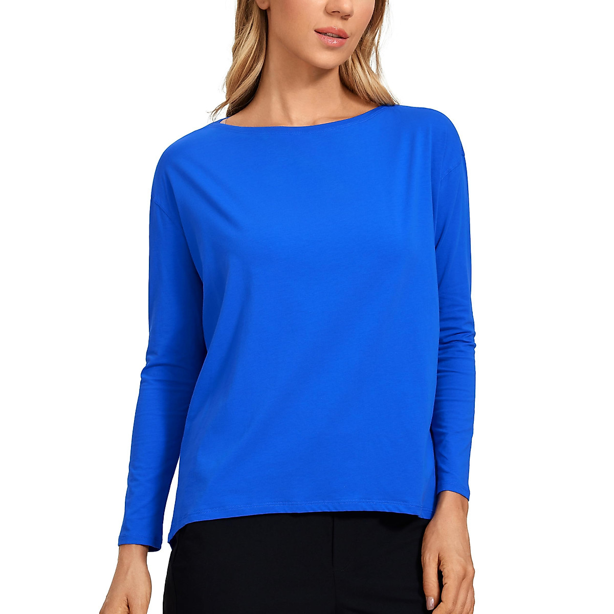 CRZ YOGA Pima Cotton Long Sleeve Workout Shirts for Women Loose Fit Athletic Yoga Shirt Casual Boat Neck Fall Tops Strong Blue X-Large