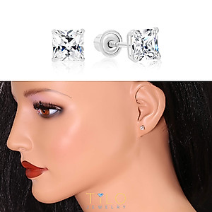 14k White Gold Solitaire Square Princess-cut CZ Stud Earrings with Secure Screw-backs (4mm)…