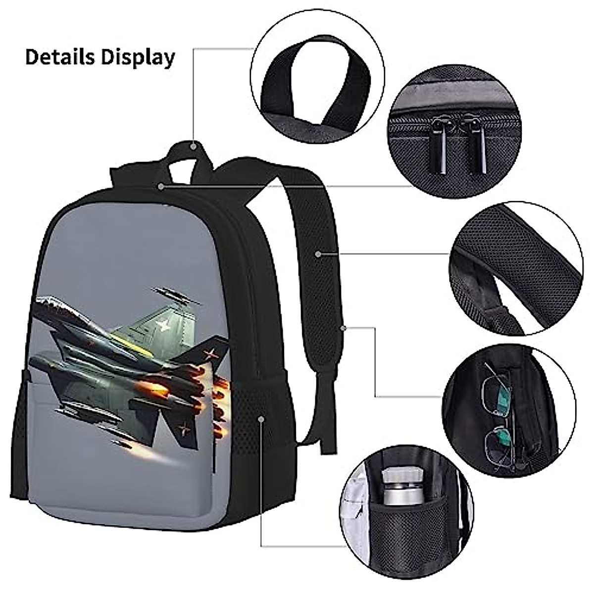 OdDdot 3Pcs Backpack Sets, Print Jet fighter Backpack with Lunch Box And Pencil Case, Large Capacity Backpack Bookbag