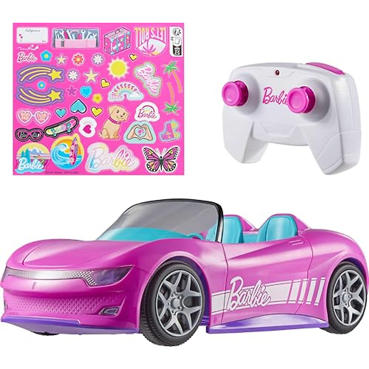 Barbie Hot Wheels RC Toy Car, Remote-Control Pink Convertible, Can Hold 2 Fashion Dolls & Trunk Opens for Storage, Sticker Sheet for Customizing