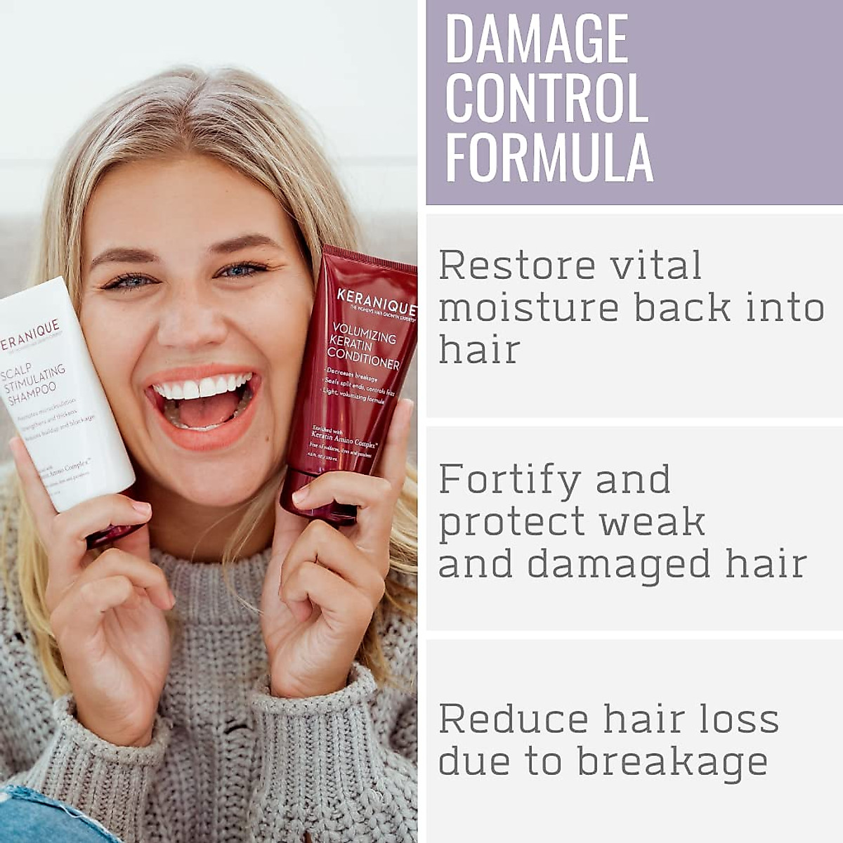 Damage Control Hair Growth System by Keranique includes Keratin Shampoo, Conditioner, Follicle Boosting Hair Growth Serum and Instant Volume Lift and Repair Treatment Spray Paraben Sulfate Free