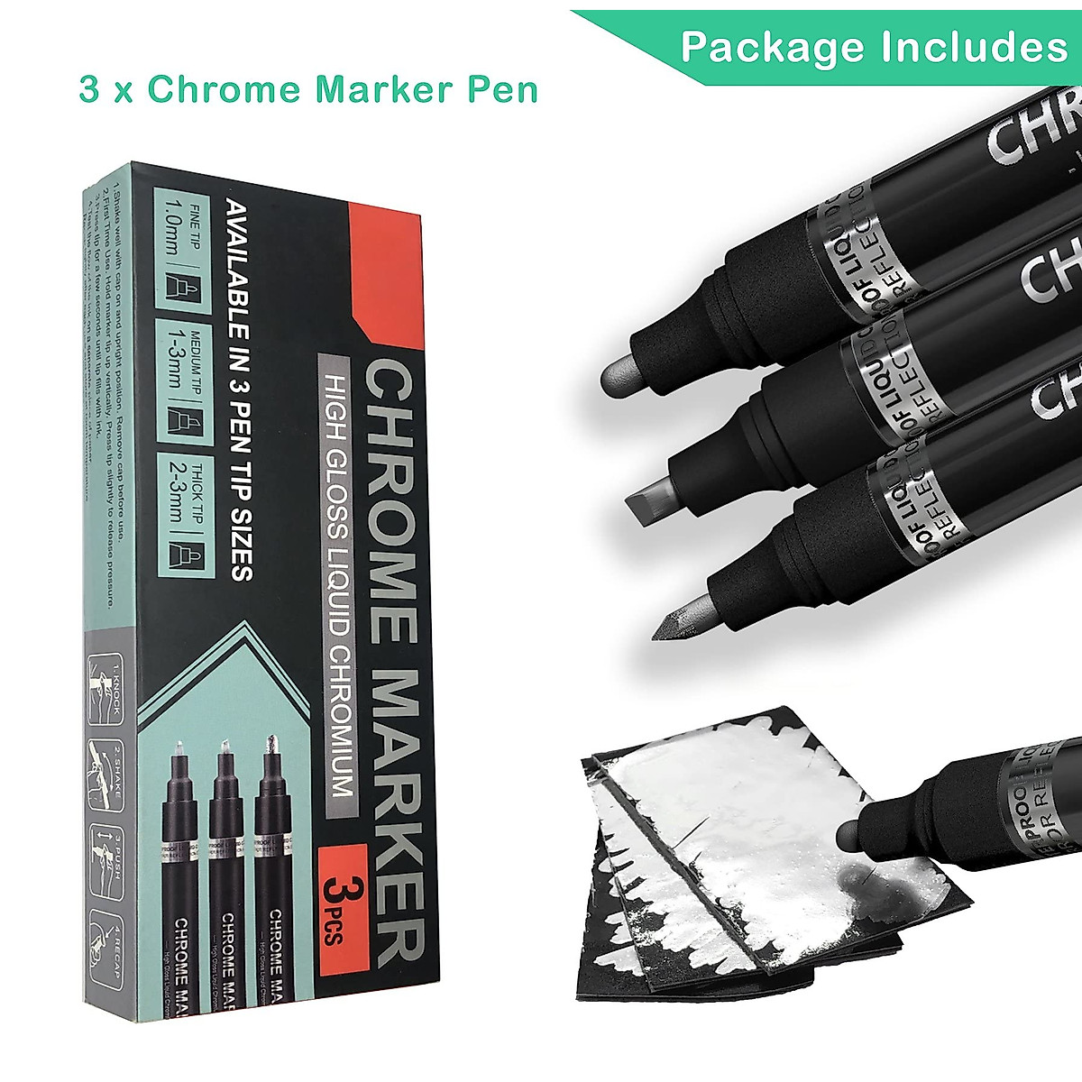 ZOET 3PK Mirror Chrome Marker Chrome Pen | Chrome Paint for Any Surface | Chrome Marker Paint Pen for Repairing, Model Painting, Marking or DIY Art Projects| Permanent Liquid Mirror (0.7|1|3mm Tips)