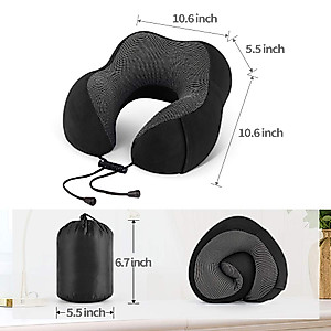 Emgthe Travel Pillow 100% Memory Foam Pillow, Neck Pillow for Airplane, Neck & Head Support Pillow for Sleeping Rest & Car, Travel Pillows Kit with Storage Bag, Sleep Mask and Earplugs Black