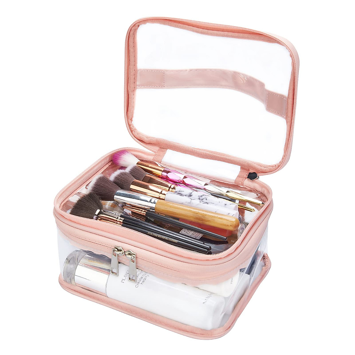 HAOGUAGUA Double Layer Clear Cosmetic Bag Makeup Bag, Waterproof Travel Toiletry Bag, Transparent PVC Hair & Nail Accessories Pouch Beach Bag Organizer (Pink)