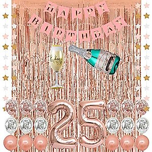 Rose Gold 25 Birthday Party Decorations Supplies, Champagne Balloon, Pink Happy Birthday Banner, 25 Balloons,Rose Gold Foil Fringe Curtains,Confetti Balloons for 25th Birthday Decorations for Her (25)