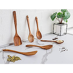 Zulay Kitchen 6 Piece Wooden Spoons for Cooking - Smooth Finish Teak Wooden Utensils for Cooking - Soft Comfortable Grip Wood Spoons for Cooking - Non-Stick Wooden Cooking Utensils - Wooden Spoon Sets